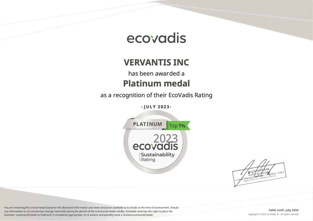Vervantis a Platinum EcoVadis company for 2023-2024